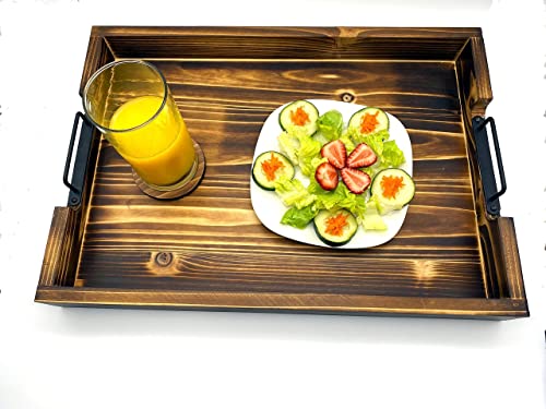 Bamboo Serving Tray- Decorative Wooden Tray 19.5 x 13.5 inches with Metal Handles, Including 4 Round Wooden Coasters, Lightweight Breakfast Tray, Coffee Table Tray, Living Room Tray, by D-homedeals