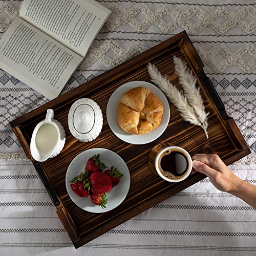 Bamboo Serving Tray- Decorative Wooden Tray 19.5 x 13.5 inches with Metal Handles, Including 4 Round Wooden Coasters, Lightweight Breakfast Tray, Coffee Table Tray, Living Room Tray, by D-homedeals