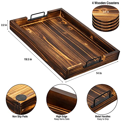 Bamboo Serving Tray- Decorative Wooden Tray 19.5 x 13.5 inches with Metal Handles, Including 4 Round Wooden Coasters, Lightweight Breakfast Tray, Coffee Table Tray, Living Room Tray, by D-homedeals