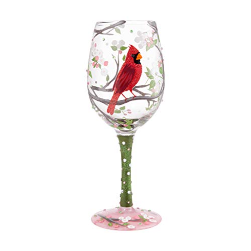 Enesco Designs by Lolita Cardinal Bird with Cherry Blossoms Beauty Artisan Hand-Painted Wine Glass, 1 Count (Pack of 1), Multicolor