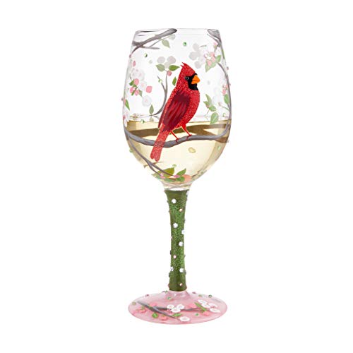 Enesco Designs by Lolita Cardinal Bird with Cherry Blossoms Beauty Artisan Hand-Painted Wine Glass, 1 Count (Pack of 1), Multicolor