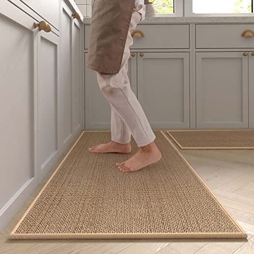 MontVoo Kitchen Rugs and Mats Washable [2 PCS] Non-Skid Natural Rubber Kitchen Mats for Floor Runner Rugs Set for Kitchen Floor Front of Sink, Hallway, Laundry Room 17"x30"+17"x47" (Oats)