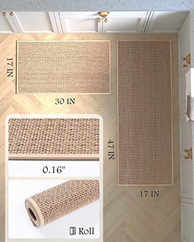 MontVoo Kitchen Rugs and Mats Washable [2 PCS] Non-Skid Natural Rubber Kitchen Mats for Floor Runner Rugs Set for Kitchen Floor Front of Sink, Hallway, Laundry Room 17"x30"+17"x47" (Oats)