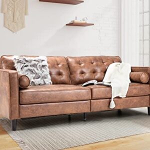 Esright 84.2”Mid-Century Sofa Couch,Tufted Synthetic Suede Fabric Modern Couch with 2 Bolster Pillows, Sofas Couches for Living Room,Apartment,Dorm & Office,Saddle Brown