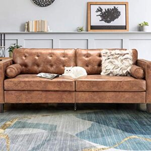 Esright 84.2”Mid-Century Sofa Couch,Tufted Synthetic Suede Fabric Modern Couch with 2 Bolster Pillows, Sofas Couches for Living Room,Apartment,Dorm & Office,Saddle Brown