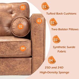 Esright 84.2”Mid-Century Sofa Couch,Tufted Synthetic Suede Fabric Modern Couch with 2 Bolster Pillows, Sofas Couches for Living Room,Apartment,Dorm & Office,Saddle Brown