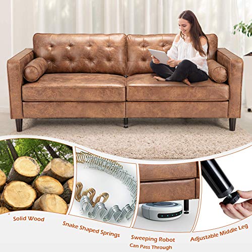 Esright 84.2”Mid-Century Sofa Couch,Tufted Synthetic Suede Fabric Modern Couch with 2 Bolster Pillows, Sofas Couches for Living Room,Apartment,Dorm & Office,Saddle Brown