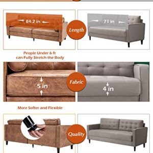 Esright 84.2”Mid-Century Sofa Couch,Tufted Synthetic Suede Fabric Modern Couch with 2 Bolster Pillows, Sofas Couches for Living Room,Apartment,Dorm & Office,Saddle Brown