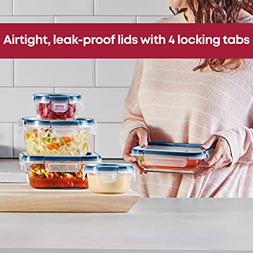 Pyrex Freshlock 10-Piece Airtight Glass Food Storage Container Set with Microban, Non Toxic, BPA-Free Locking Lids with 4 Tabs for Antimicrobial Protection