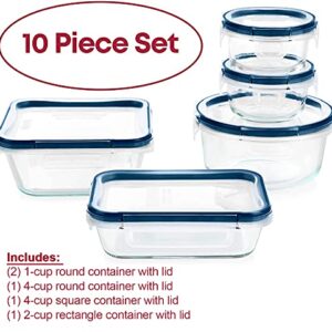 Pyrex Freshlock 10-Piece Airtight Glass Food Storage Container Set with Microban, Non Toxic, BPA-Free Locking Lids with 4 Tabs for Antimicrobial Protection