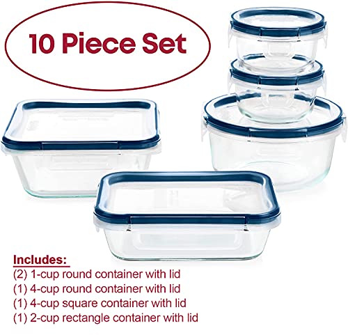 Pyrex Freshlock 10-Piece Airtight Glass Food Storage Container Set with Microban, Non Toxic, BPA-Free Locking Lids with 4 Tabs for Antimicrobial Protection