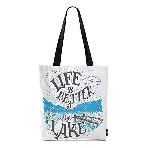 Moslion Lake Canvas Bags Quote Mountains Cloud Bridge Life is Better at The Lake Tote Bags Laptop Bags Large Bulk Reusable for Women Men Work Study 15x16 Inch