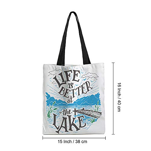 Moslion Lake Canvas Bags Quote Mountains Cloud Bridge Life is Better at The Lake Tote Bags Laptop Bags Large Bulk Reusable for Women Men Work Study 15x16 Inch