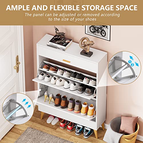 Tribesigns Shoe Cabinet, 16 Pair Shoe Rack Storage Organizer with 2 Flip Drawers, White Entryway Shoe Storage Cabinet for Heels, Boots, Slippers (White)