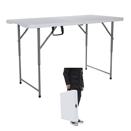 Lakhow 122CZ Folding Tables Camping Table 4FT Adjustable Height（ 49/61/74CM） Portable Dining Table Party,Height Adjustable Craft Camping and Utility Folding Table,White Granite