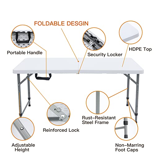 Lakhow 122CZ Folding Tables Camping Table 4FT Adjustable Height（ 49/61/74CM） Portable Dining Table Party,Height Adjustable Craft Camping and Utility Folding Table,White Granite