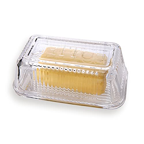 Glass Butter Dish with Lid from 1500 C Tabletop Farm-house Heavy Thick Cover Clear 2-Piece Keeper for Countertop European holder sticks Kitchen Dishwasher Safe