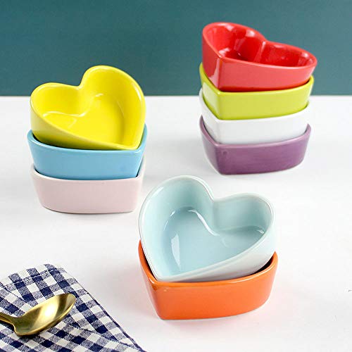 FUYU Colorful Heart Shaped Ceramic Ramekin Bowls Souffle Dishes Pudding Cups Snack Dishes Dipping Bowls