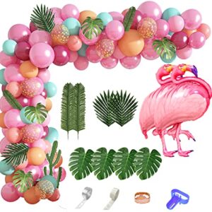 124pcs tropical flamingo balloon arch garland kit 40" flamingo balloons hot pink confetti balloons tropical palm leaves 4 tools hawaiian luau birthday wedding baby shower party decorations supplies