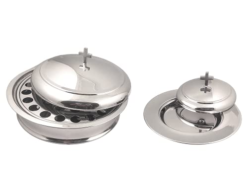 Communion Ware Holy Wine Serving Tray with A Lid & A Stacking Bread Plate with A Lid - Stainless Steel (Mirror/Silver)