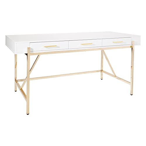 OSP Home Furnishings Broadway Modern Executive Desk with 3 Drawers and Charging Station, White Gloss Finish and Gold Frame