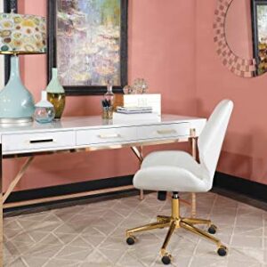 OSP Home Furnishings Broadway Modern Executive Desk with 3 Drawers and Charging Station, White Gloss Finish and Gold Frame