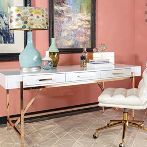 OSP Home Furnishings Broadway Modern Executive Desk with 3 Drawers and Charging Station, White Gloss Finish and Gold Frame