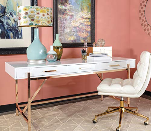 OSP Home Furnishings Broadway Modern Executive Desk with 3 Drawers and Charging Station, White Gloss Finish and Gold Frame