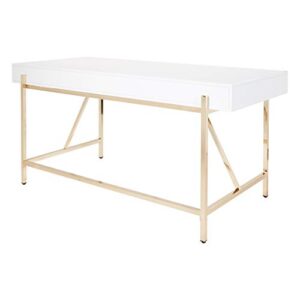 OSP Home Furnishings Broadway Modern Executive Desk with 3 Drawers and Charging Station, White Gloss Finish and Gold Frame