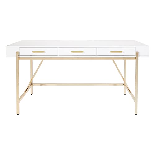 OSP Home Furnishings Broadway Modern Executive Desk with 3 Drawers and Charging Station, White Gloss Finish and Gold Frame