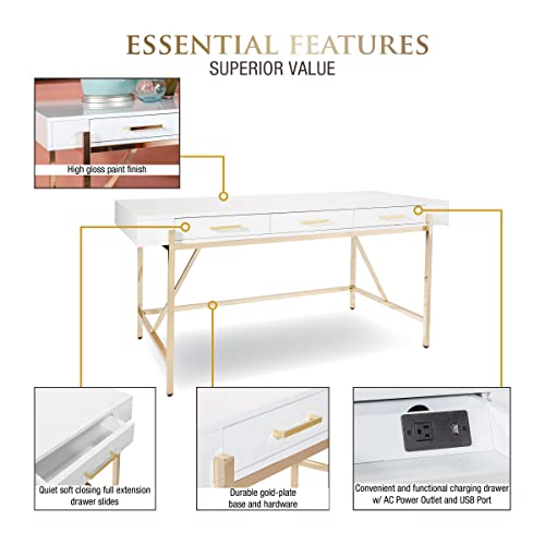 OSP Home Furnishings Broadway Modern Executive Desk with 3 Drawers and Charging Station, White Gloss Finish and Gold Frame