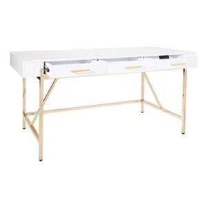 OSP Home Furnishings Broadway Modern Executive Desk with 3 Drawers and Charging Station, White Gloss Finish and Gold Frame