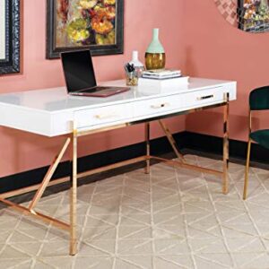 OSP Home Furnishings Broadway Modern Executive Desk with 3 Drawers and Charging Station, White Gloss Finish and Gold Frame