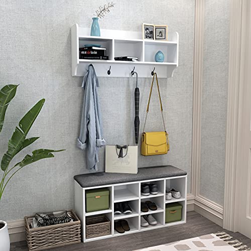 Comfortable Home Wall Mounted Shelf with Hooks, Hanging Entryway Organizer Shelf with 3 Cubic Storage Cabinets, Wall Mount Coat Rack with 4 Dual Hooks, Hanging Coffee Bar Shelf (White)