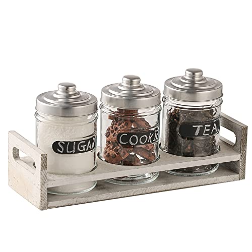 15.5 oz Set of 3 Condiment Pots Food/Seasoning/Spice Storage/Jar/Containers with Label and Aluminum Lid with Wooden Rack/Shelf/Tray/Holder for Kitchen or Coffee Bar, Suitable for Storing Salt, Sugar, Tea etc