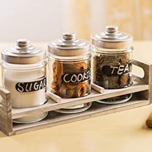 15.5 oz Set of 3 Condiment Pots Food/Seasoning/Spice Storage/Jar/Containers with Label and Aluminum Lid with Wooden Rack/Shelf/Tray/Holder for Kitchen or Coffee Bar, Suitable for Storing Salt, Sugar, Tea etc