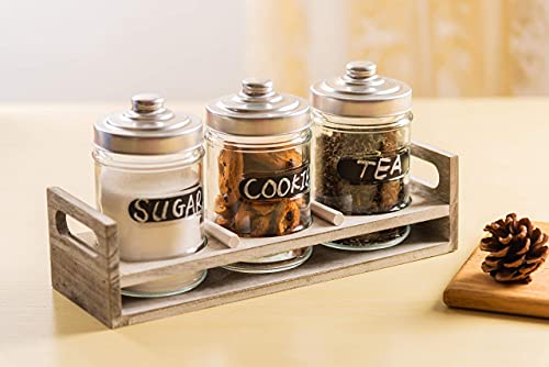 15.5 oz Set of 3 Condiment Pots Food/Seasoning/Spice Storage/Jar/Containers with Label and Aluminum Lid with Wooden Rack/Shelf/Tray/Holder for Kitchen or Coffee Bar, Suitable for Storing Salt, Sugar, Tea etc