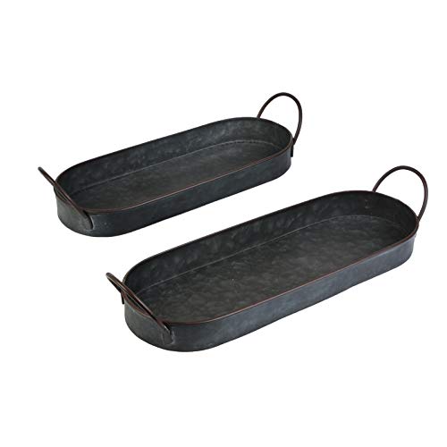 Set of 2 Galvanized Tray Rustic Metal Decor - Shabby Chic Farmhouse Tray Galvanized Centerpiece Oval Tray Set, Unique Metal Serving Tray with Sturdy Handles