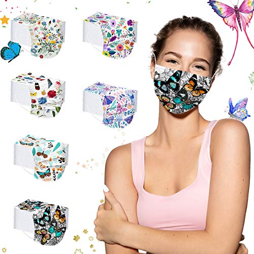 Disposable Face Masks, Yassk 3 Layer Butterfly Printed Face Masks with Elastic Ear Loop, Breathable Masks-Dust Air Pollution Protection for Adults (Butterfly-C)