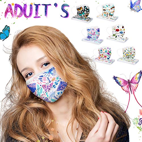 Disposable Face Masks, Yassk 3 Layer Butterfly Printed Face Masks with Elastic Ear Loop, Breathable Masks-Dust Air Pollution Protection for Adults (Butterfly-C)