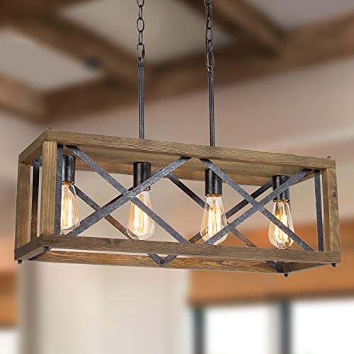 Farmhouse Chandelier, 4-Light Dining Room Lighting Fixtures Hanging, 27.5" Rustic Rectangle Chandelier for Kitchen Island