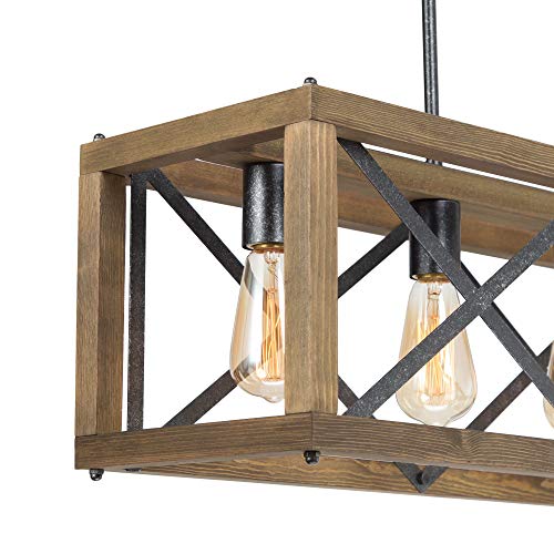 Farmhouse Chandelier, 4-Light Dining Room Lighting Fixtures Hanging, 27.5" Rustic Rectangle Chandelier for Kitchen Island