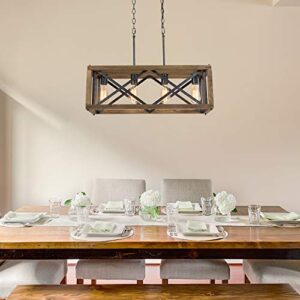 Farmhouse Chandelier, 4-Light Dining Room Lighting Fixtures Hanging, 27.5" Rustic Rectangle Chandelier for Kitchen Island