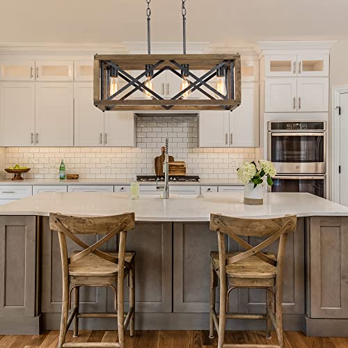 Farmhouse Chandelier, 4-Light Dining Room Lighting Fixtures Hanging, 27.5" Rustic Rectangle Chandelier for Kitchen Island