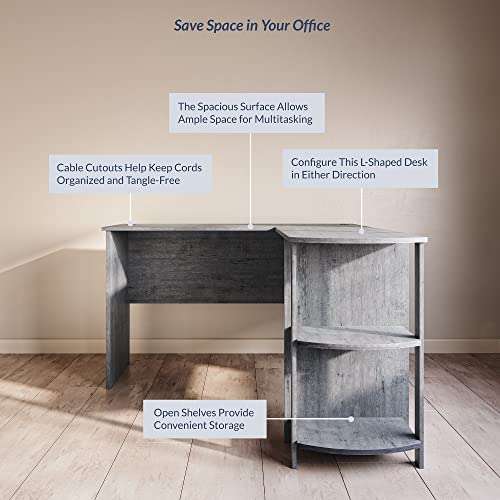 BELLEZE Modern Corner L-Shaped Home Office Computer Laptop Desk or Writing Study Workstation in Wood with Two Open Cubby Storages for Bookshelf - Kent (Grey)