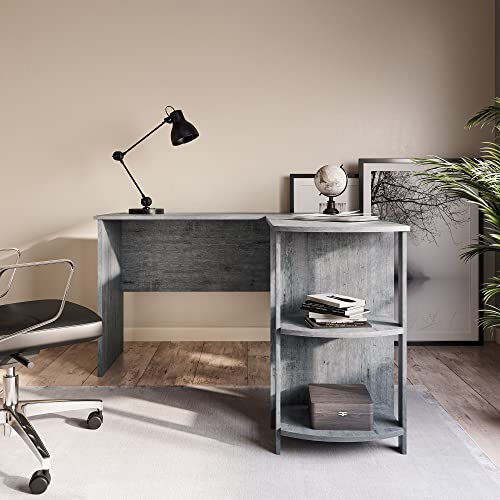 BELLEZE Modern Corner L-Shaped Home Office Computer Laptop Desk or Writing Study Workstation in Wood with Two Open Cubby Storages for Bookshelf - Kent (Grey)