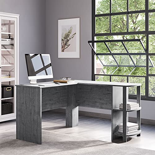 BELLEZE Modern Corner L-Shaped Home Office Computer Laptop Desk or Writing Study Workstation in Wood with Two Open Cubby Storages for Bookshelf - Kent (Grey)