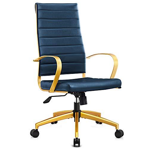 LUXMOD High Back Gold Office Chair in Blue Leather, Ergonomic Office Chair in Vegan Leather, Highback Desk Chair with Back Support, Executive Chair, Manager Blue and Gold Chair