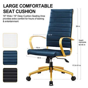 LUXMOD High Back Gold Office Chair in Blue Leather, Ergonomic Office Chair in Vegan Leather, Highback Desk Chair with Back Support, Executive Chair, Manager Blue and Gold Chair