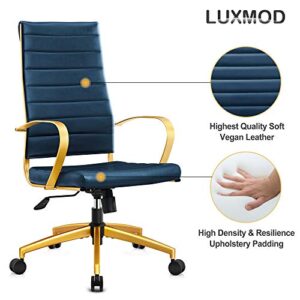 LUXMOD High Back Gold Office Chair in Blue Leather, Ergonomic Office Chair in Vegan Leather, Highback Desk Chair with Back Support, Executive Chair, Manager Blue and Gold Chair